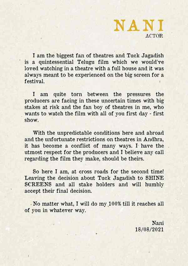 Tuck Jagadish: Nani 'torn' over conflict on the release of action drama