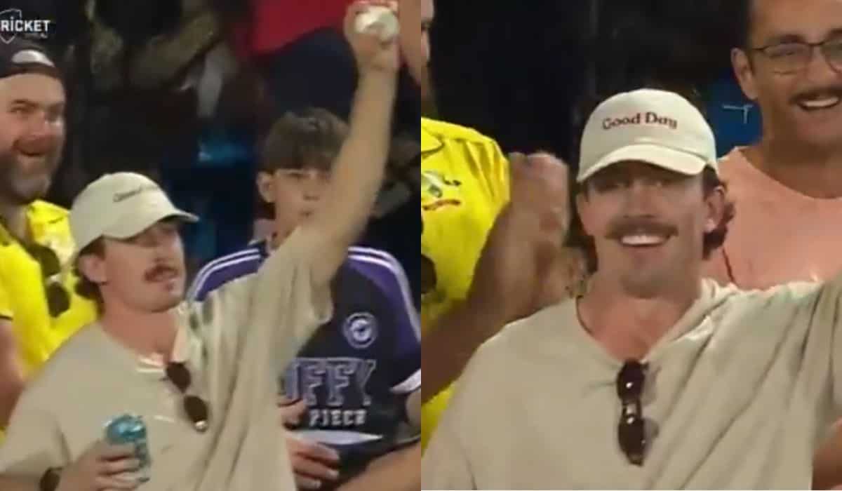 WATCH: Fan grabs spectacular one-handed catch in stands during AUS vs ...